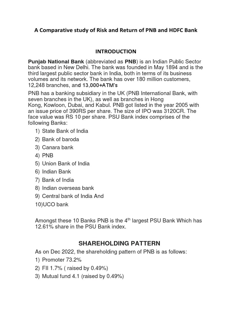 A Comparative Study of Risk and Return of PNB and HDFC Bank PDF | PDF ...