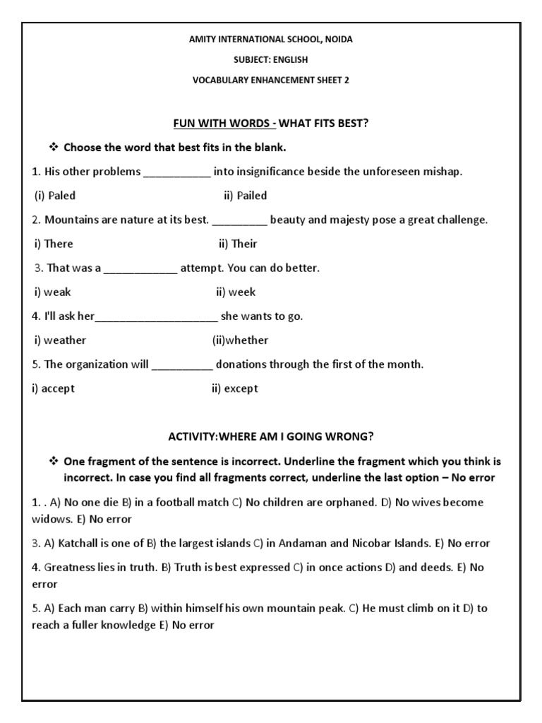 Fun With Words - What Fits Best?: Amity International School, Noida ...