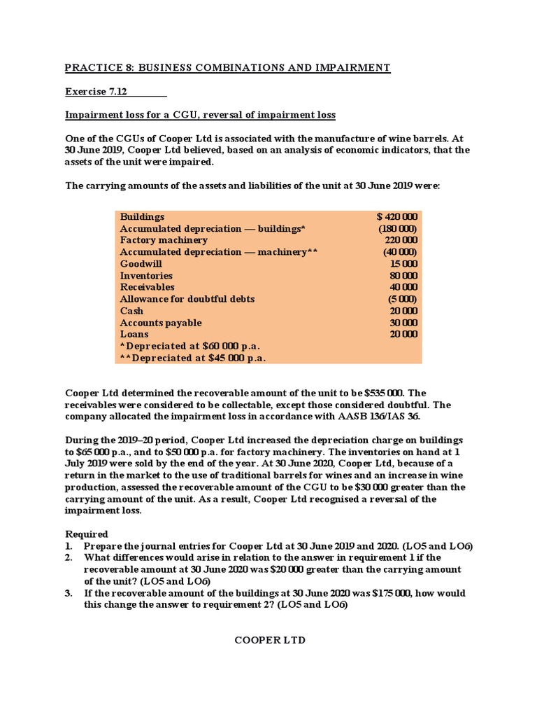 Practice 8: Business Combinations and Impairment Exercise 7.12 ...