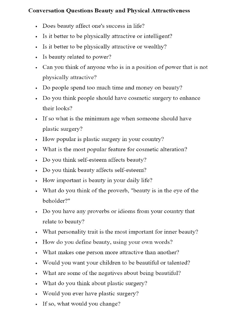 Conversation Questions Beauty and Physical Attractiveness | PDF