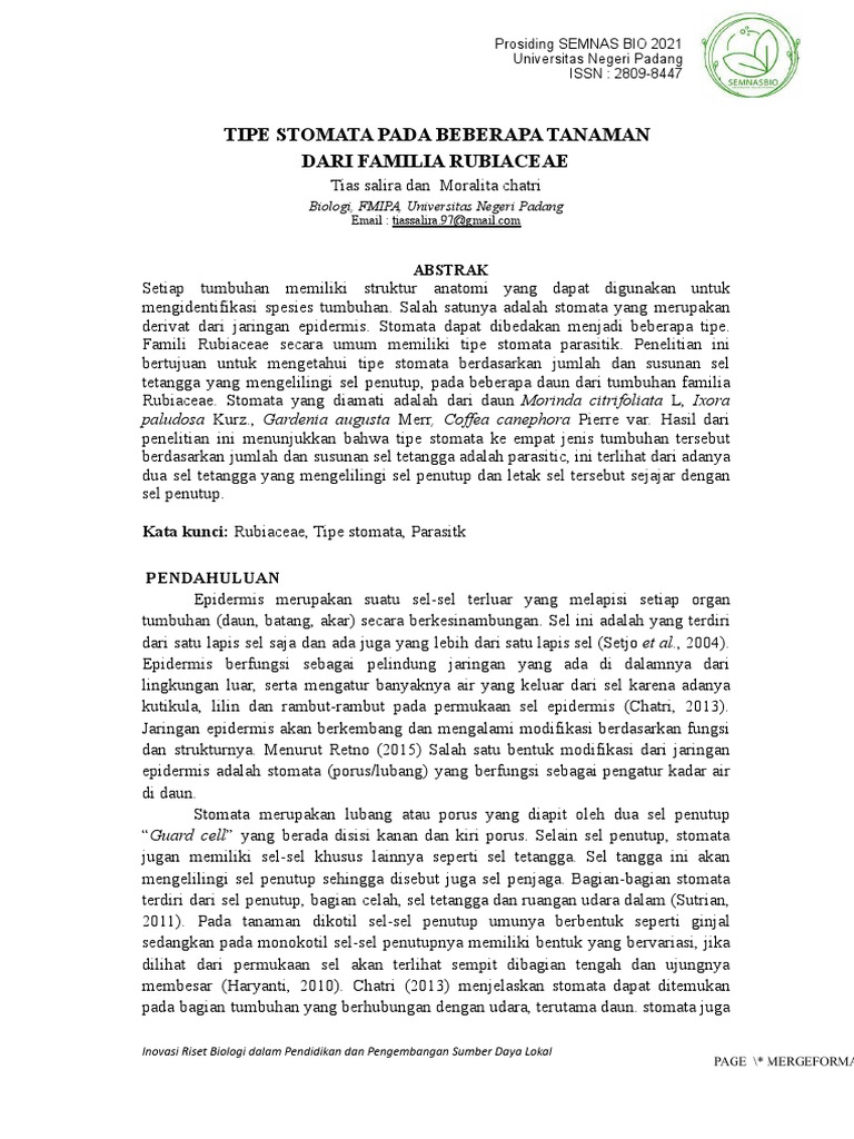 Tipe Stomata Pada Beberapa Tanaman Dari Familia Rubiaceae | PDF ...