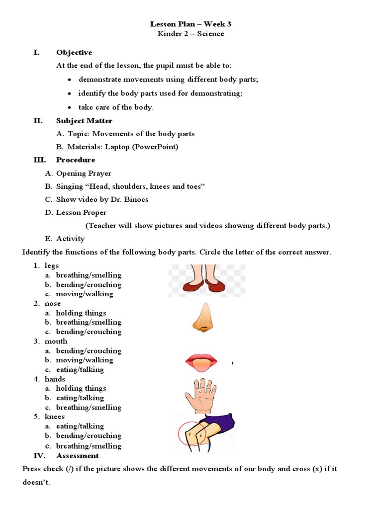 Body Movements Lesson Plan K2 | PDF