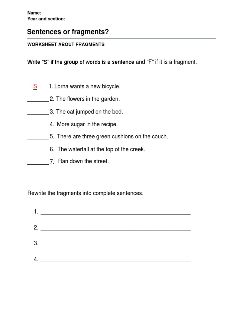 Fragments Worksheet | PDF | Language Arts & Discipline