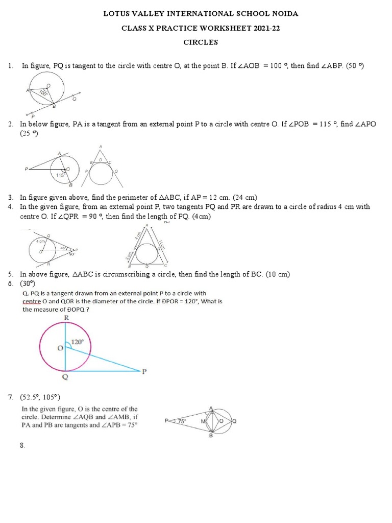 Class 10 Practice Wsheet Circles 2022 Pdf