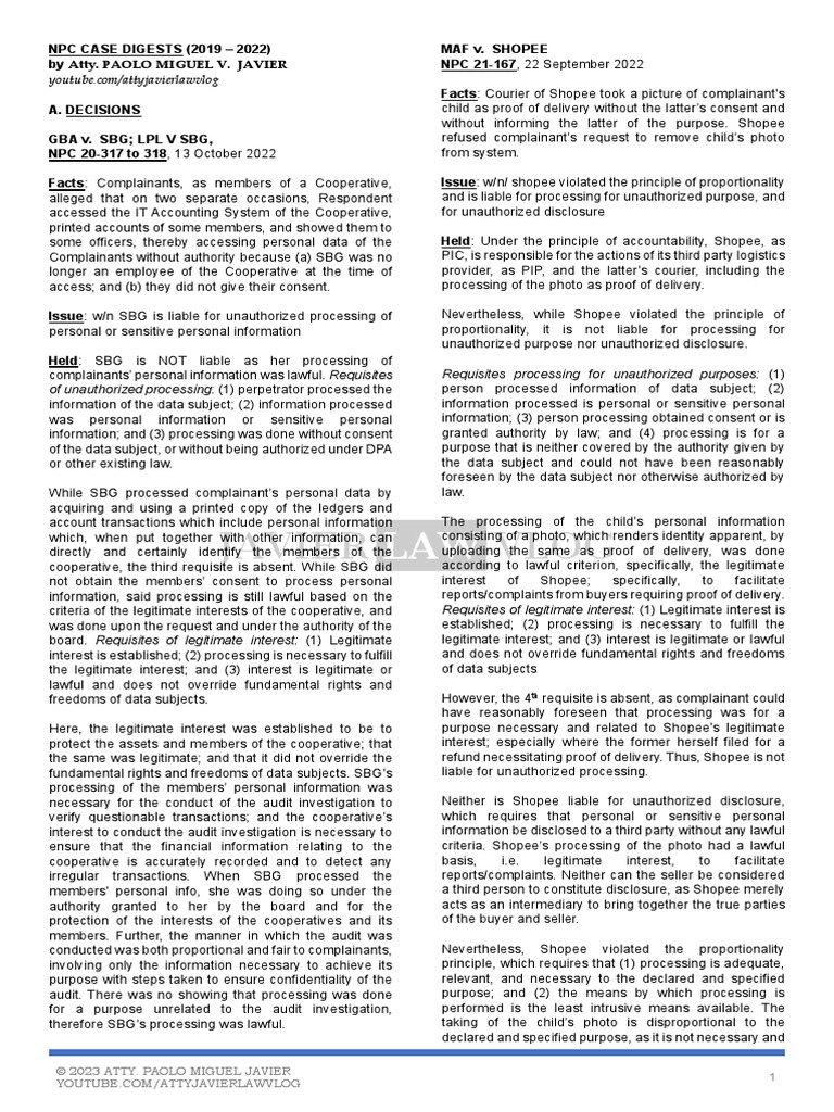 Data Privacy - NPC Case Digests (2019-2022) by Atty. Paolo Javier | PDF ...