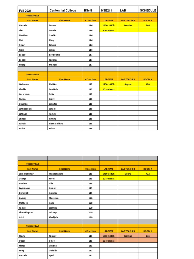 Fall 2021 NSE 211 Lab Schedule (Updated Sept 7th 2021) | PDF