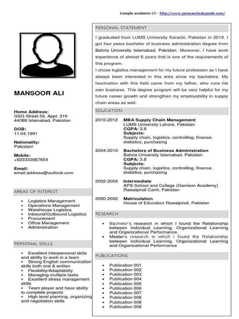 German Academic CV Sample Template | PDF | Logistics | Pakistan