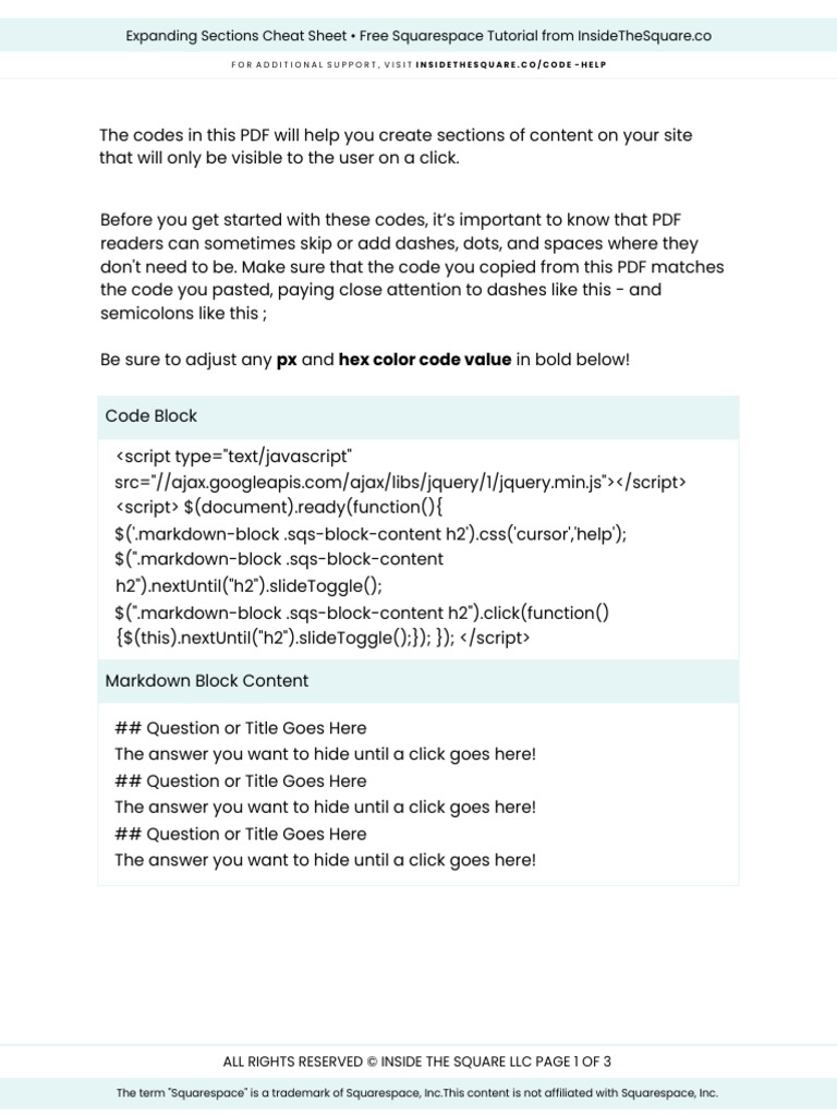 Expanding Sections Cheat Sheet - Free From InsideTheSquare - Co | PDF ...