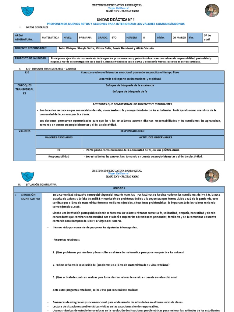 1ra UNIDAD DE APRENDIZAJE de MATEMATICA Actualizado 2023 6° | PDF ...