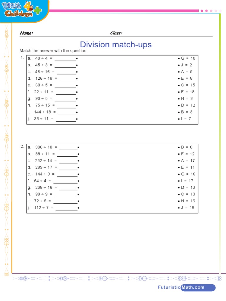Division Match Ups Worksheet | PDF