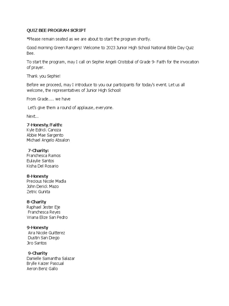 Quiz Bee Program Script | PDF | Evaluation | Data Collection