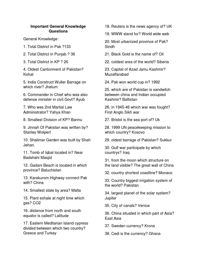 NTS General Knowledge Questions - Hamza | PDF | Pakistan | Karachi