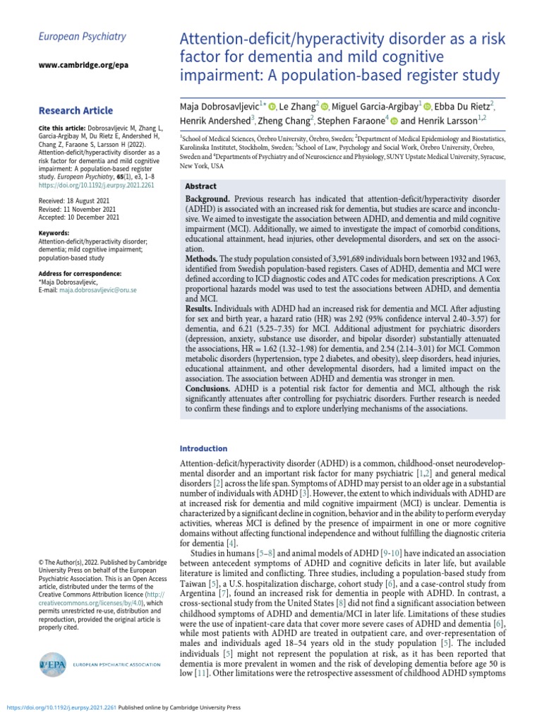 Attention-Deficit/hyperactivity Disorder As A Risk Factor For Dementia and Mild Cognitive ...