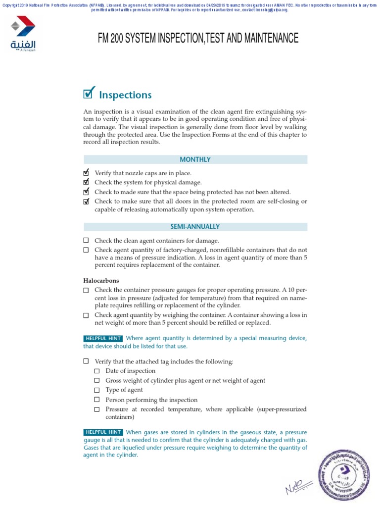 FM 200 System Inspection, Test and Maintenance: Inspections | PDF ...