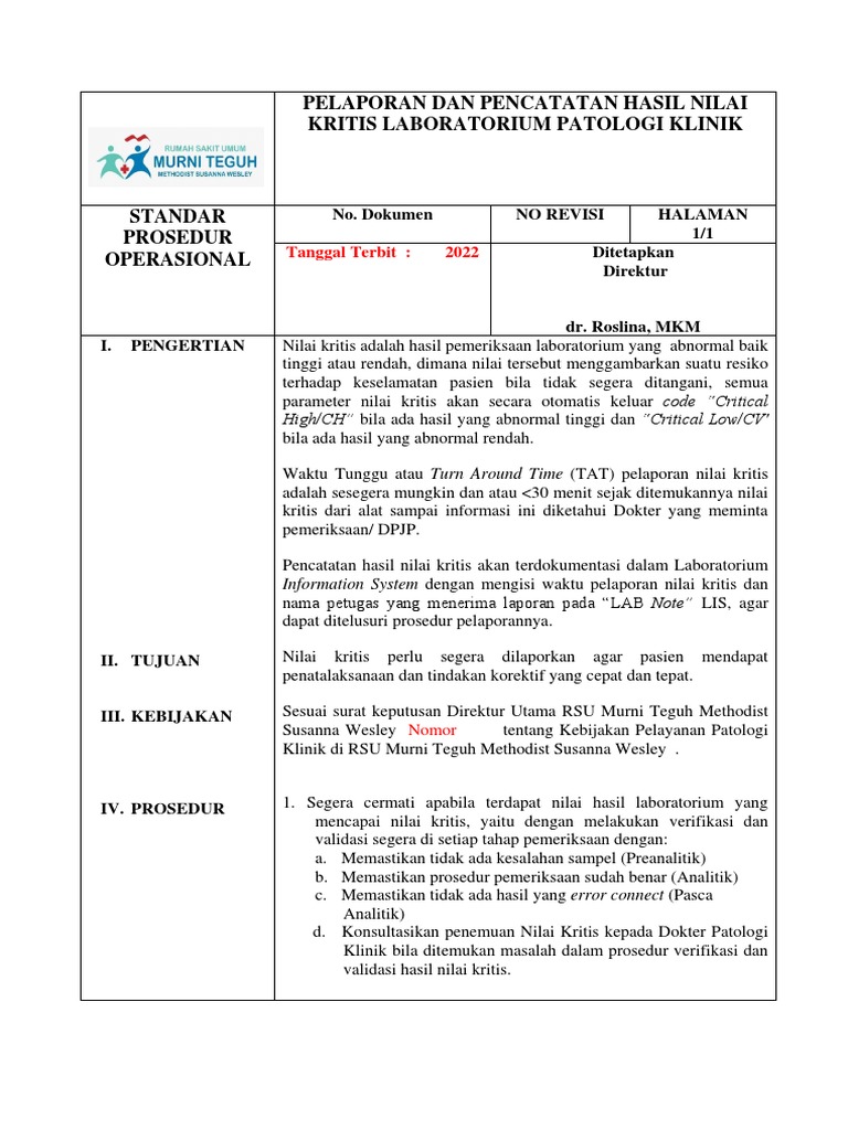 Spo Pelaporan Dan Pencatatan Hasil Nilai Kritis Laboratorium Patologi ...