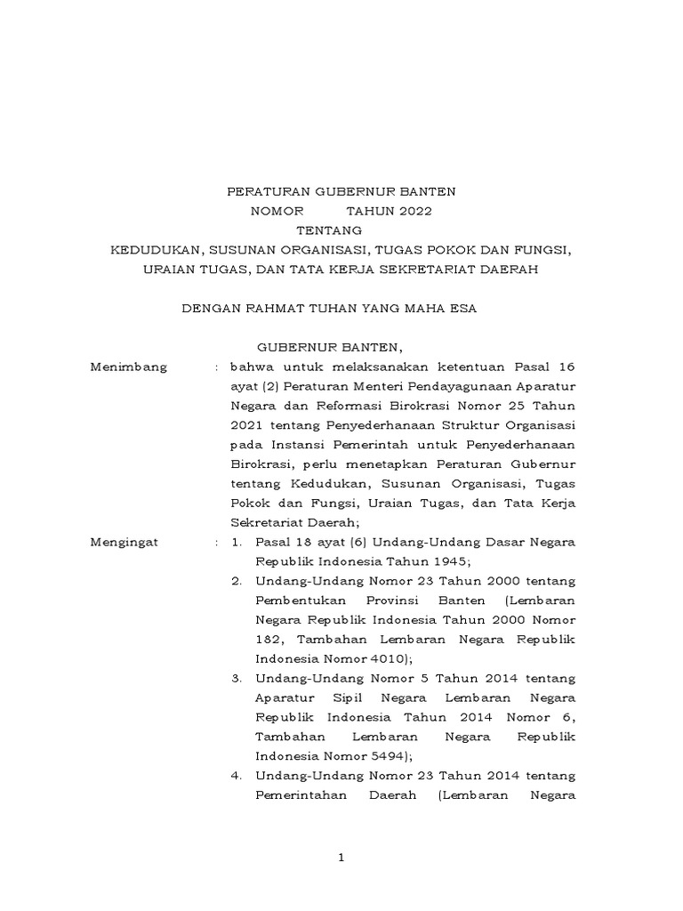 1 - Draft Pergub SOTK Sekretariat Daerah | PDF