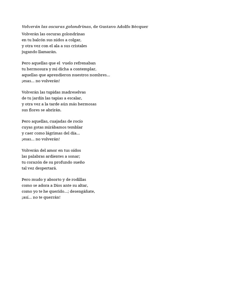 Volverán Las Oscuras Golondrinas, de Gustavo Adolfo Bécquer | PDF ...