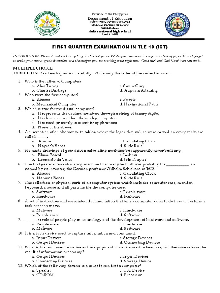 Summative Test in Tle 10 | PDF | Input/Output | Computer Hardware