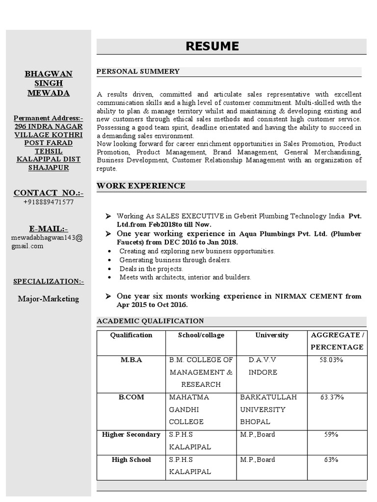BHAGWAN SINGH MEWADA Resume | PDF | Sales | Marketing