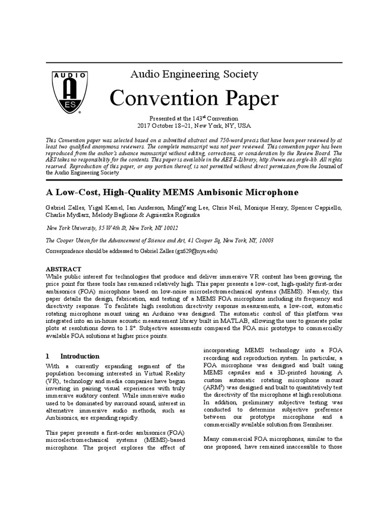 A Low-Cost High-Quality MEMS Ambisonic-Microphone | PDF | Microphone | Sound