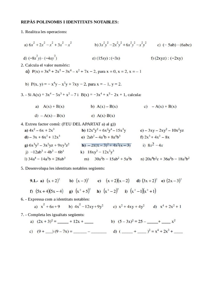 Repàs Polinomis I Identitats Notables | PDF