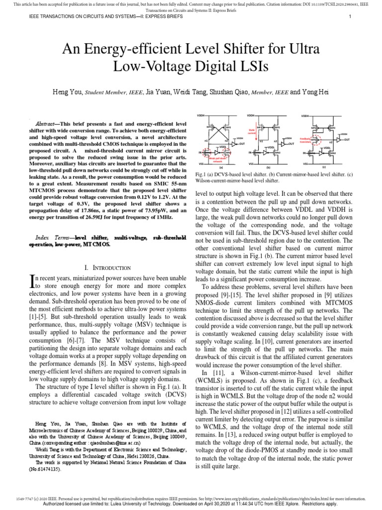 An Energy-Efficient Level Shifter For Ultra Low-Voltage Digital LSIs | PDF | Cmos | Mosfet