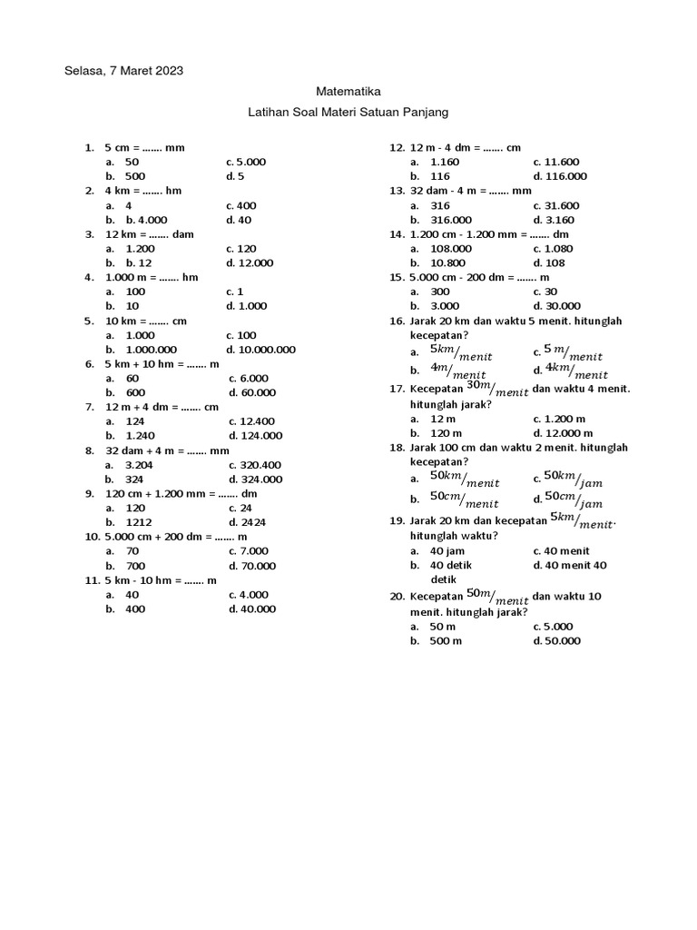 Soal Satuan Panjang | PDF