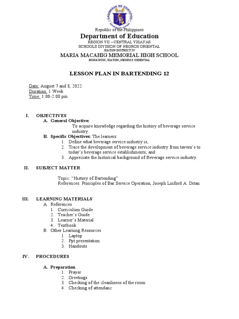 Lesson Plan in Bartending | PDF | Learning | Teachers