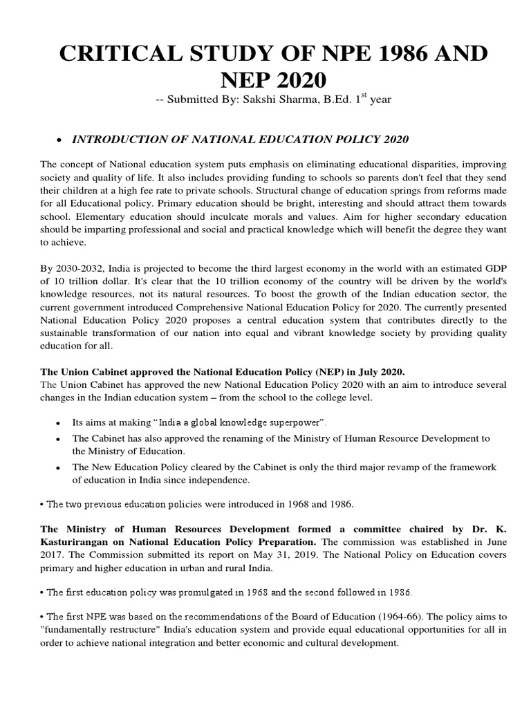 Critical Study of Npe 1986 and NEP 2020: - Submitted By: Sakshi Sharma, B.Ed. 1 Year | PDF ...