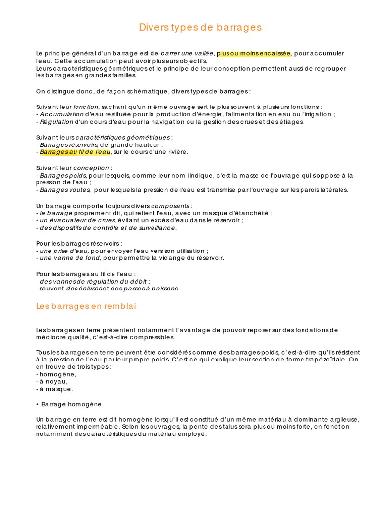 Les Différents Types de Barrages | PDF | Barrage | Lac de barrage