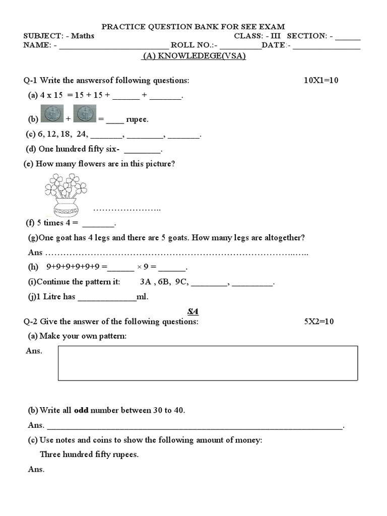 Maths Class - III SEE - Revision Worksheet For Practice | PDF