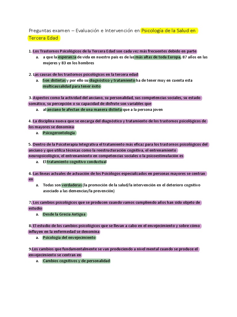 Preguntas TERCERA EDAD | PDF | Trastorno depresivo mayor | Vejez