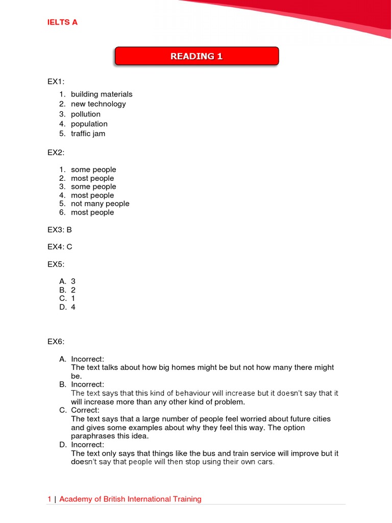 IELTS A - Reading 1 - Homework (Keys) | PDF