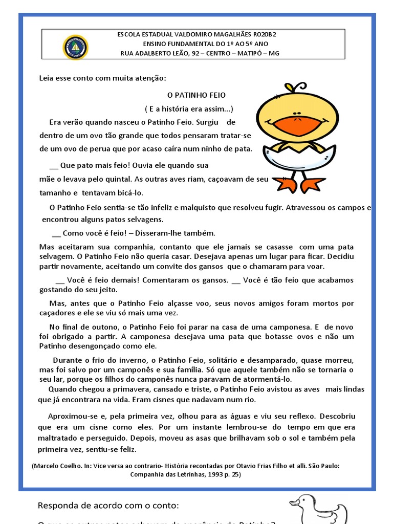 Atividade 10-04 O Patinho Feio | PDF | Pato | Ganso