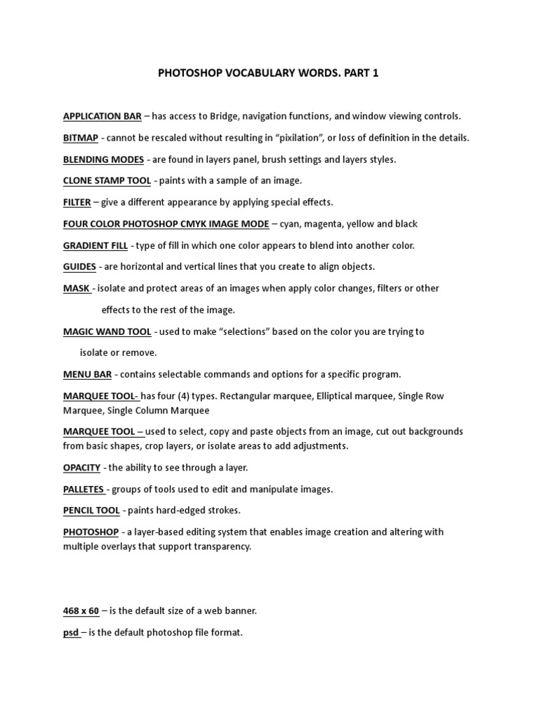 Photoshop Vocabulary Part 1 | PDF | Art | Technology & Engineering
