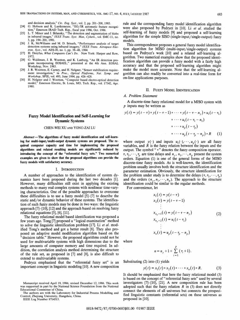 Fuzzy Model Identification and Self-Learning For Dynamic Systems | PDF | Fuzzy Logic | Machine ...