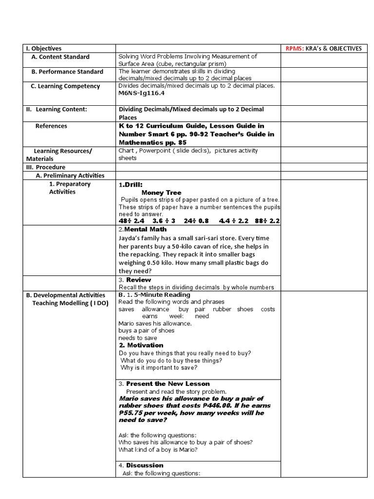 Math Demo Plan | PDF | Division (Mathematics) | Learning