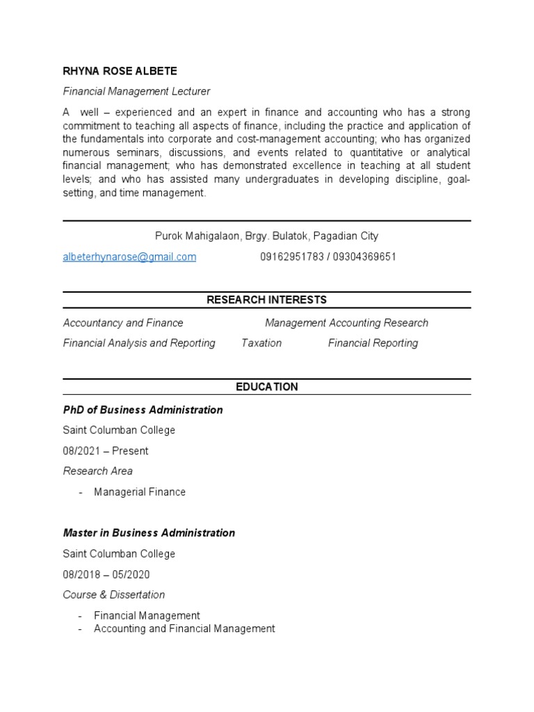 CURRICULUM VITAE. Albete, Rhyna Rose P | PDF | Accounting | Audit