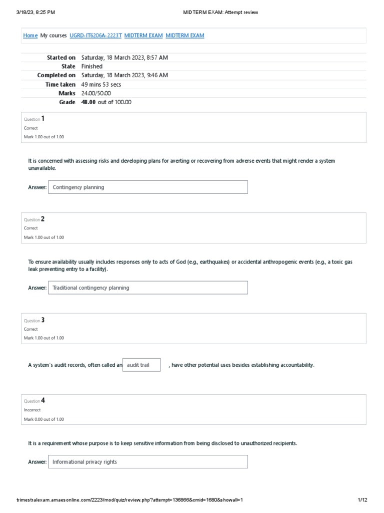 MIDTERM EXAM - Attempt Review | PDF | Information Security | Security