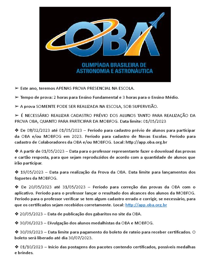 Prova presencial OBA e MOBFOG 2023 | PDF