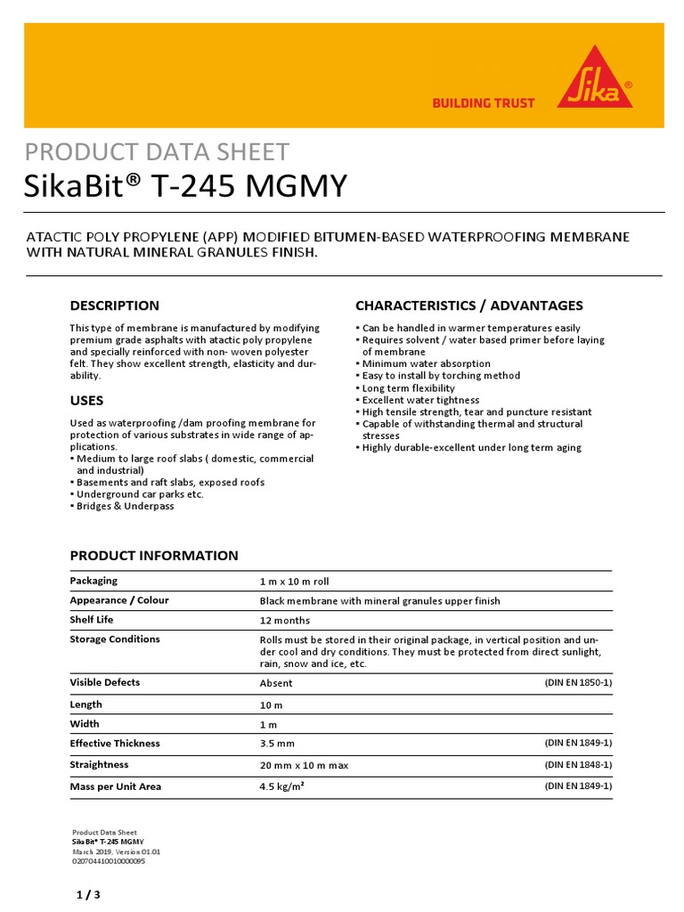 Waterproofing - SikaBit - T-245 - MGMY-Product - Data - Sheet | PDF ...