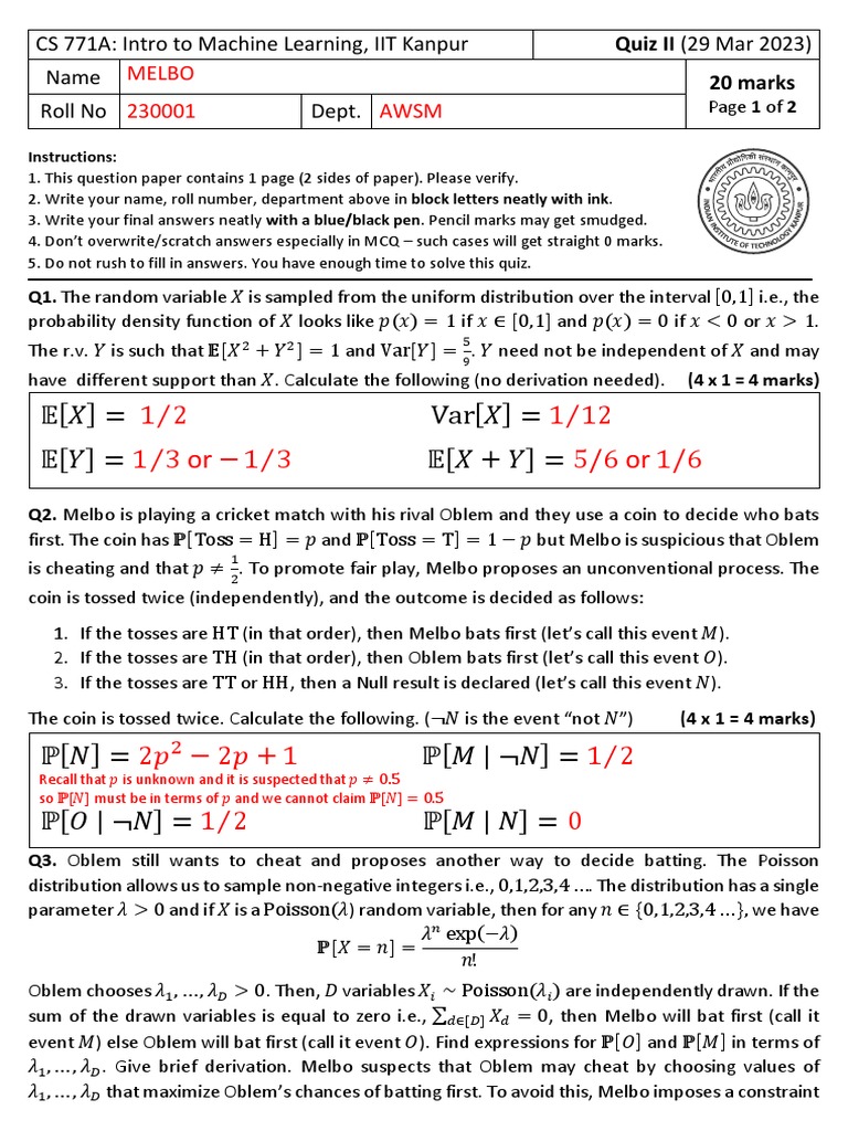 ML Q2 22-23-II Key | PDF | Mathematical Analysis | Mathematics