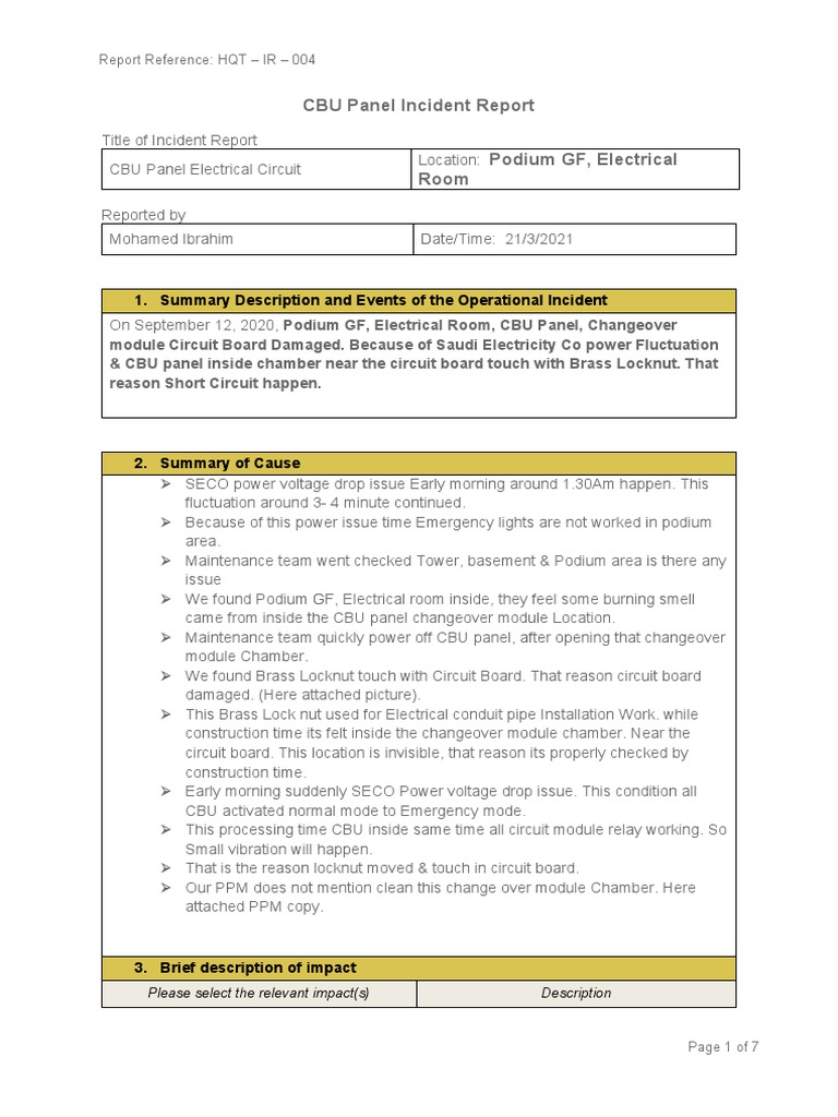 CBU Damage Incident Report | PDF | Electricity | Electrical Engineering