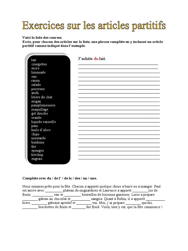 Exercices sur les articles partitifs | PDF | Boisson | Nourritures