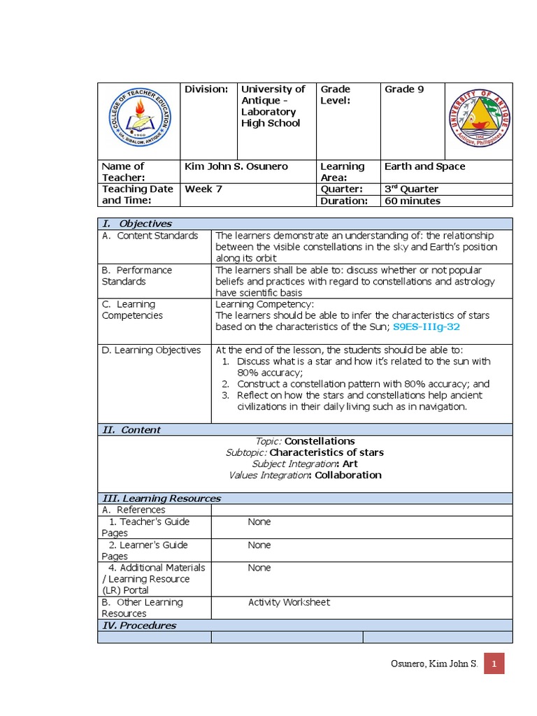 2nd Week Lesson Plan No. 3 in Science 9 (Characteristics of Star) | PDF ...