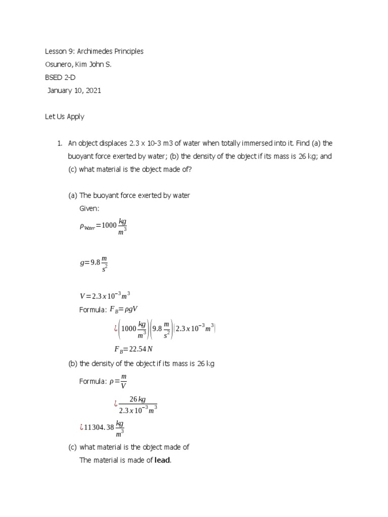 Applying Archimedes' Principles: Calculating Buoyant Forces, Densities, and Determining if ...