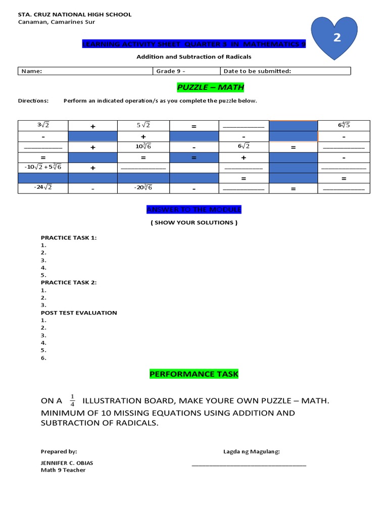 Puzzle - Math: Learning Activity Sheet Quarter 3 in Mathematics 9 | PDF | Mathematics