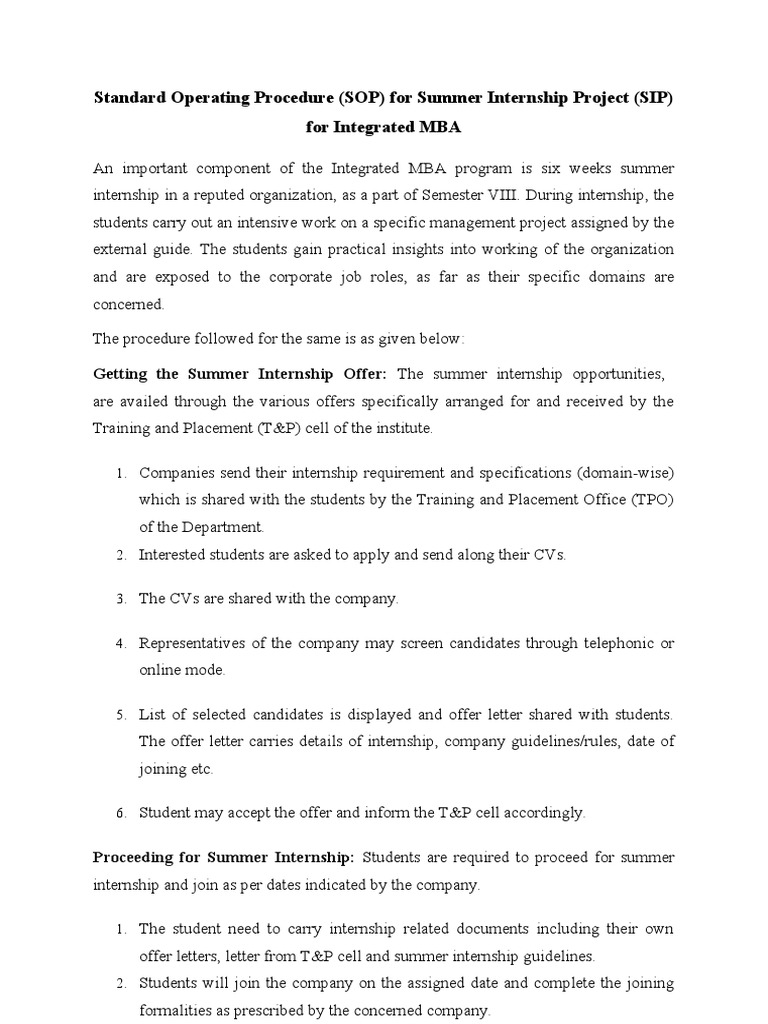 SOP On SIP (IMBA) | PDF | Internship | Job Hunting