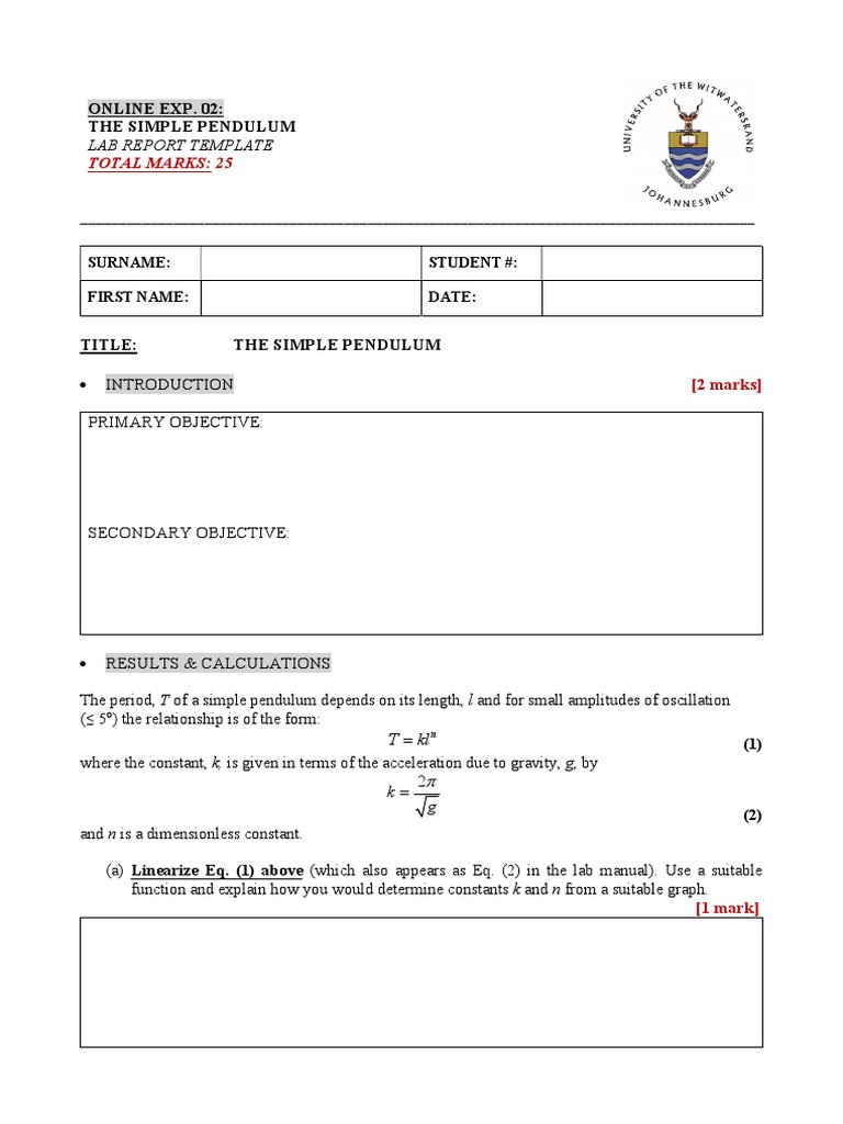 Online Exp02 - Simple Pendulum - Lab Report Template | PDF | Pendulum ...