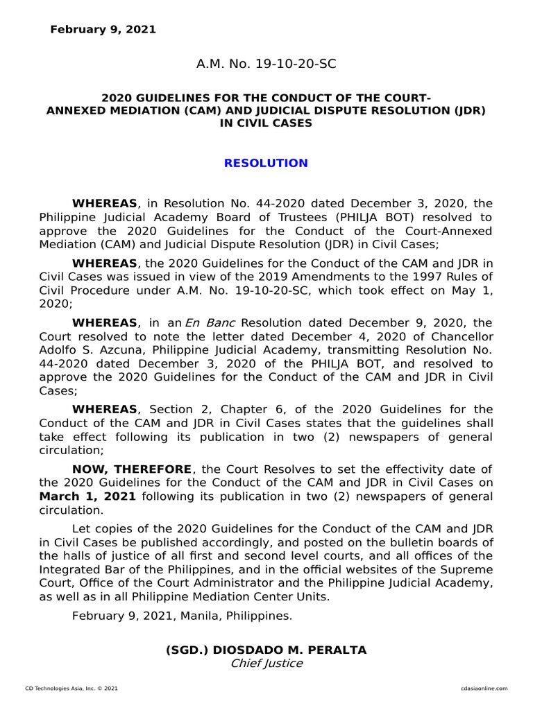 A.M. No. 19-10-20-SC: Resolution | PDF | Mediation | Judgment (Law)